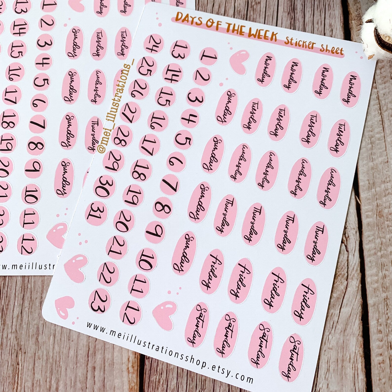 Days of the week (pink) sticker sheet – Meiillustrations